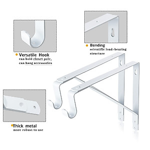 Closet Rod Bracket, Heavy Duty Shelf Bracket with Rod Holder, 11x 10-1/5 inch White Closet Rod Support Wall Mounted Clothes Hanger Pole Support Hooks, 4 Pack