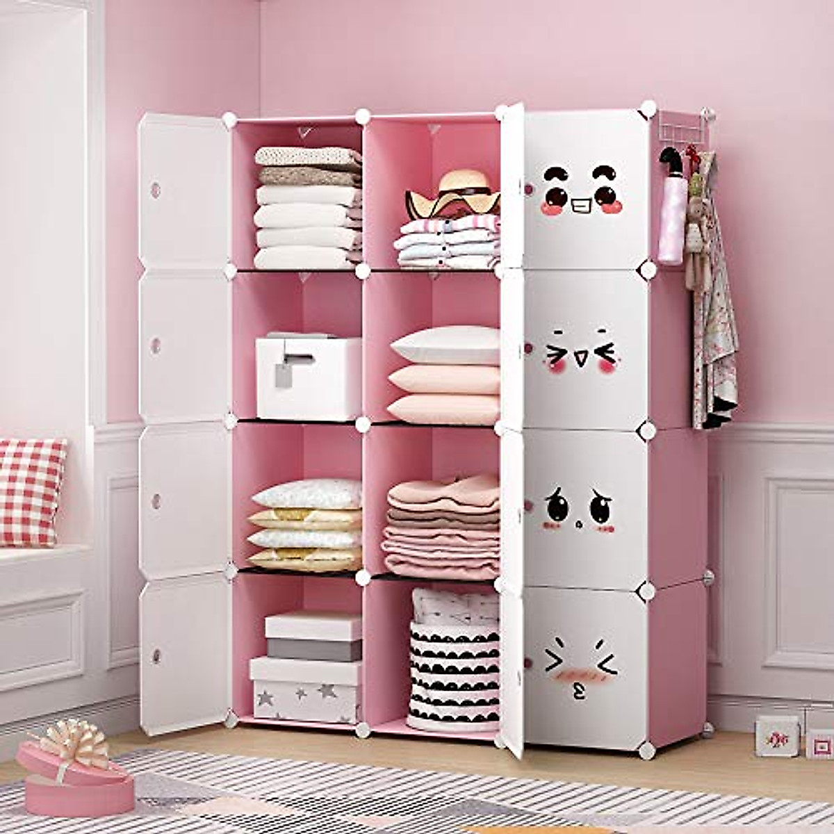YOZO Cube Storage Organzier Portable Closet Wardrobe Bedroom Dresser (42x14x56 inches) Portable Closet Cube Shelf Armoire Pantry Cabinet, 12 Cubes, Pink