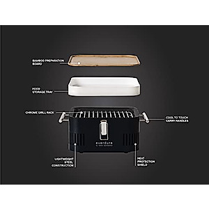 Everdure CUBE Portable Charcoal Grill, Tabletop BBQ, Perfect Tailgate, Beach, Patio, or Camping Grill, Lightweight & Compact Small Grill with Preparation Board & Food Storage Tray, Matte Black