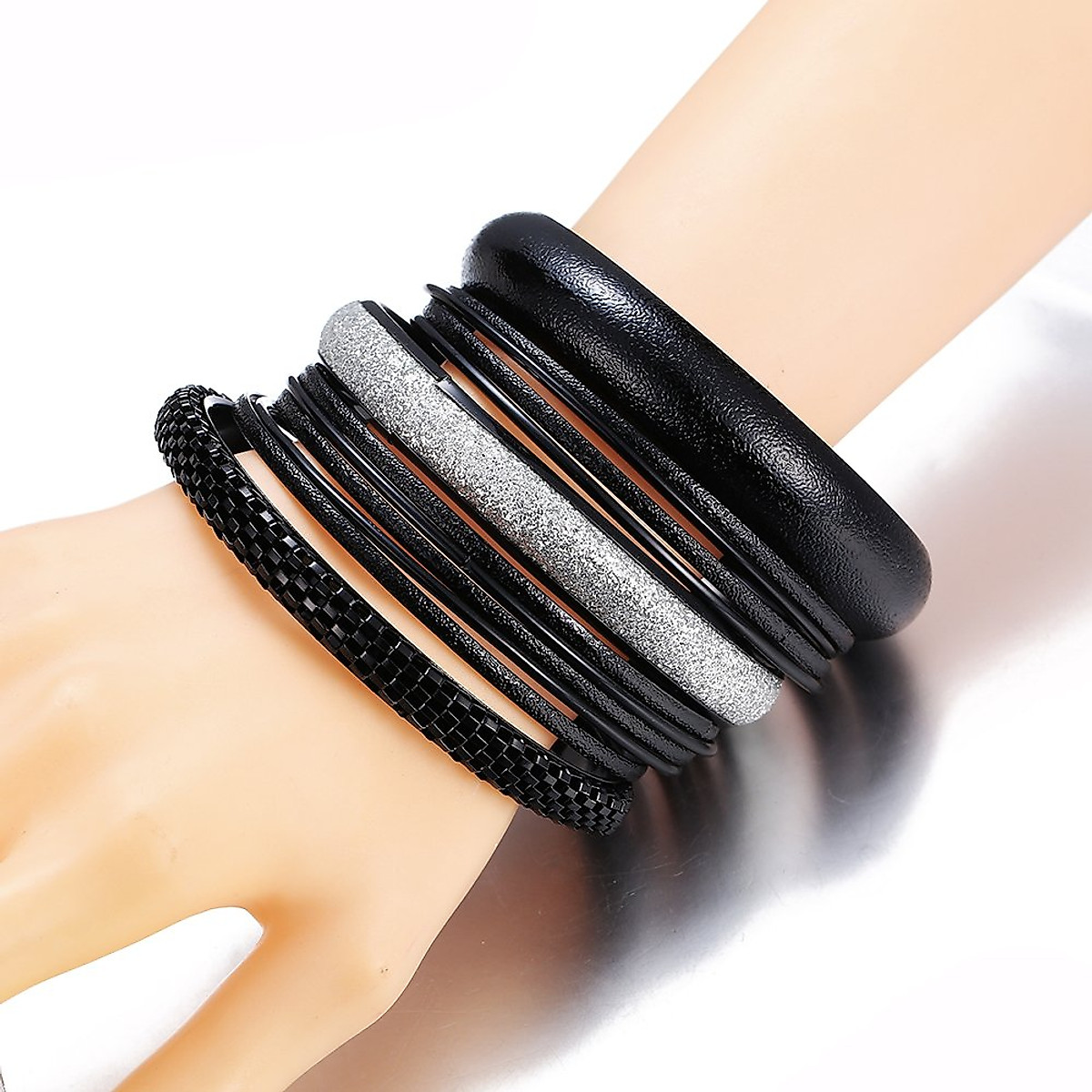 Ensoul Black W/Silver Glitter Multiple Metal Bracelets & Bangles Set For Women 12Pcs/Set