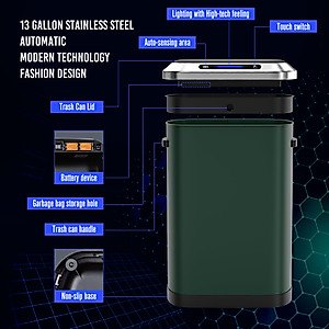 pouseayar 13 Gallon 50L Stainless Steel Smart Trash Can with Motion Sensor Super Quiet Lid and 30 Garbage Bags, Perfect for Kitchen, Home, Office - Green