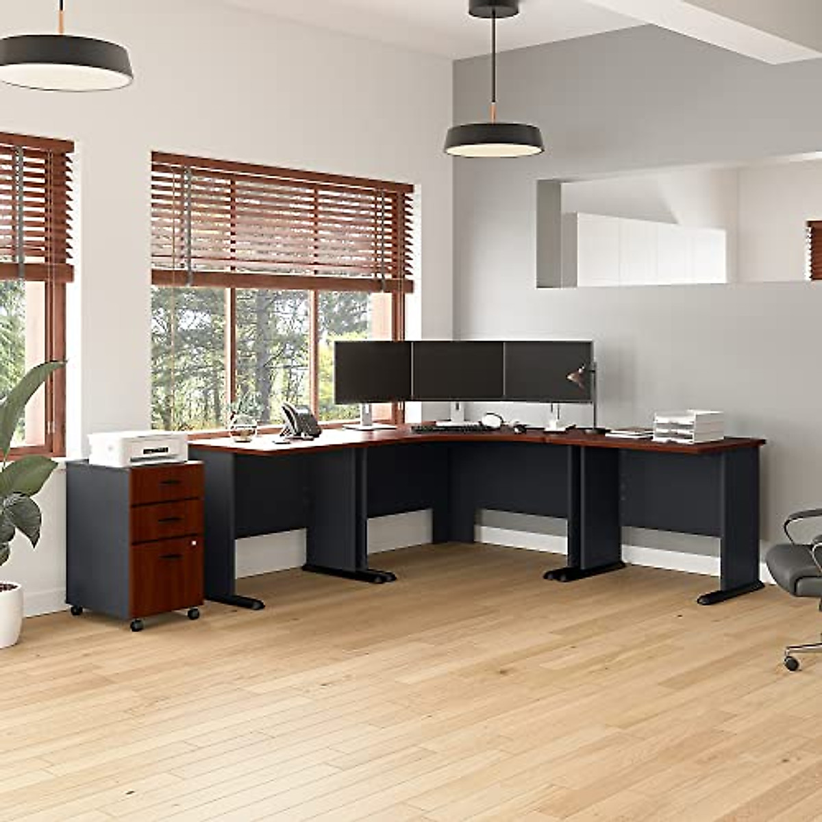 Bush Business Furniture Series A Corner Desk with Mobile File Cabinet, 84W x 84D, Hansen Cherry/Galaxy