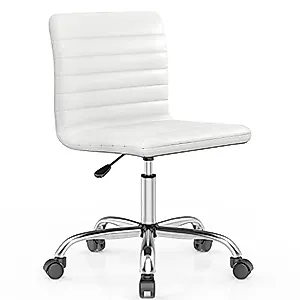 SMUG Desk Chair, Armless Office Chair Leather Swivel Task Chair Mid Back Ribbed Home Office White Desk Chair for Adult Child, Vanity Chair