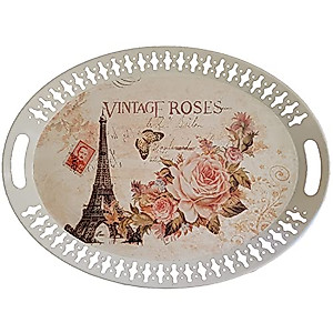 HADAAYA Oval Metal Serving Tray and Paris Themed Eiffel Tower Vintage Roses Design Print Sticker Multi-Use Platter for Holiday Decoration, Gift Hamper Tray, 16.5 Inches, for Halloween, Christmas