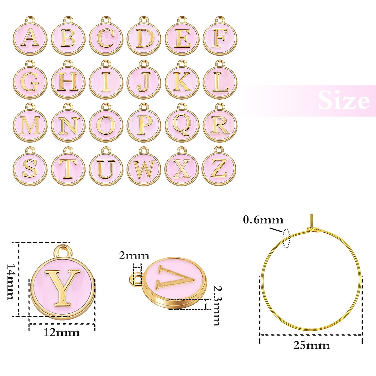 Aylifu 52pcs Round Pink Enamel Initial Letter Charms and 60pcs 25 mm Golden Wine Glass Rings Drink Identifiers Markers for Wedding Champagne Party Decoration Supplies Gifts