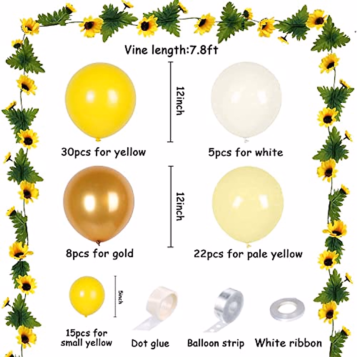 Yellow Sunflower Balloons Garland Arch Kit - 80pcs Yellow Gold White Balloons and Sunflower Vines for Sunflower Bee Theme Birthday Baby Shower Wedding Decorations