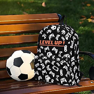 Lightweight Gamer Boys School Backpack, Classic Bassic Bookbag for Middle School Students, Cute Game Patterned Casual Daypack for College, Travel, Work with 15-Inch Laptop Compartment, 17 IN-Black