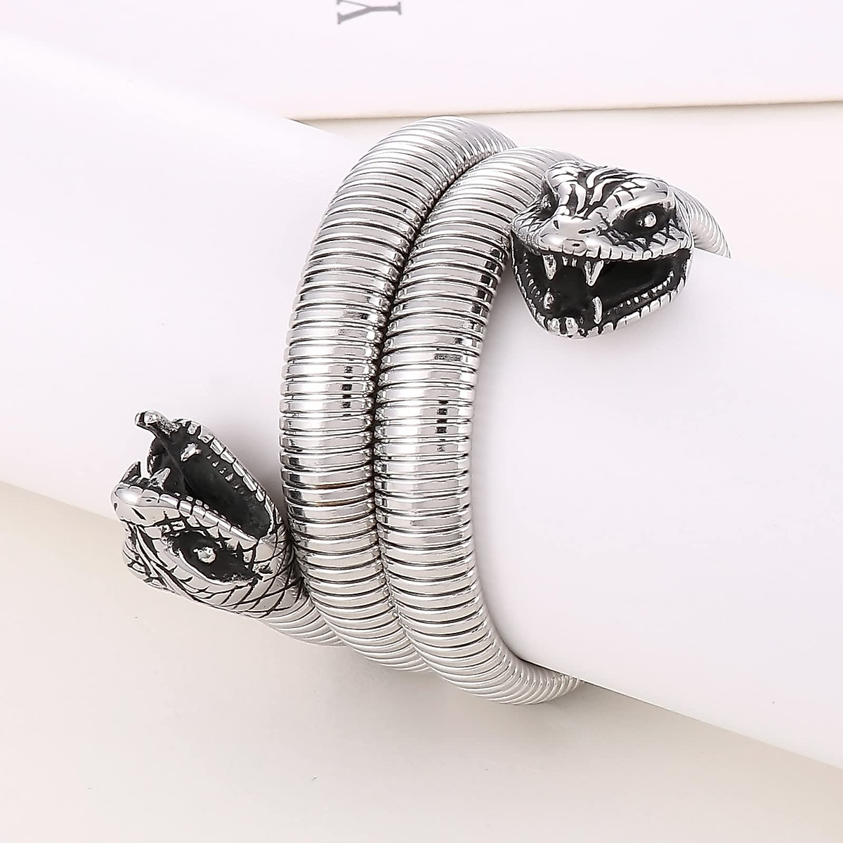 Klapgo Stainless Steel Two Headed Snake Charm Cuff Bangle for Men and Women, Gothic Style Animal Retro Bracelet Jewelry