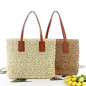 Straw Bag for Women Woven Beach Structured Tote Handmade Crochet Carteras De Mujer Summer Shoulder Bohemian Hobo Pom Travel