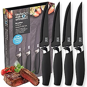Steak Knives Set of 4 - Brooklyn by Taylors Eye Witness. Serrated black ceramic-coated blade with chrome-plated bolster. Corrosion-Free, Easy Clean Ceramic Coating. Soft Grip Handle. 2 Year Guarantee