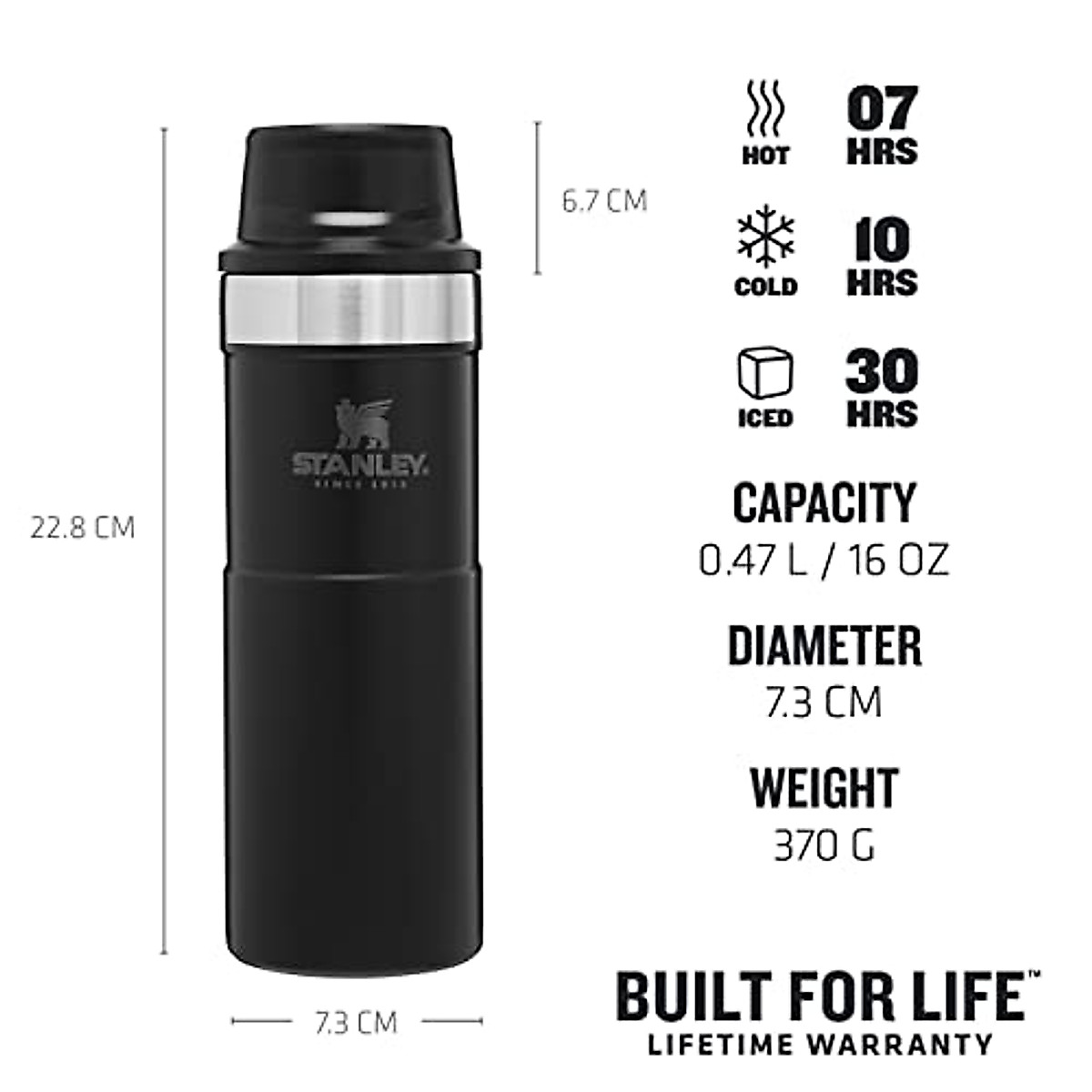 Stanley Trigger Action Travel Mug 0.47L Matt Black – Keeps Hot for 7 Hours - BPA-free Stainless Steel Thermos Travel Mug for Hot Drinks - Leakproof Reusable Coffee Cups