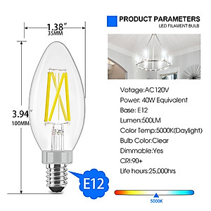 VATION LIGHTING 12 Pack 𝐂𝐚𝐧𝐝𝐞𝐥𝐚𝐛𝐫𝐚 𝐁𝟏𝟏 𝐂𝐚𝐧𝐝𝐥𝐞 𝐋𝐢𝐠𝐡𝐭 LED 5000K Daylight LED Bulbs 500 Lumens, 90+ High CRI, Filament E12 Candle, LED Chandelier Light Bulbs, UL Listed