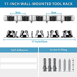 Voolan 2 Pack Mop and Broom Holder Wall Mount - Stainless Steel Heavy Duty Garden Tool Organizer, Self Adhesive Garage Organization and Storage Utility Rack (5 Racks and 4 Hooks, Chrome)