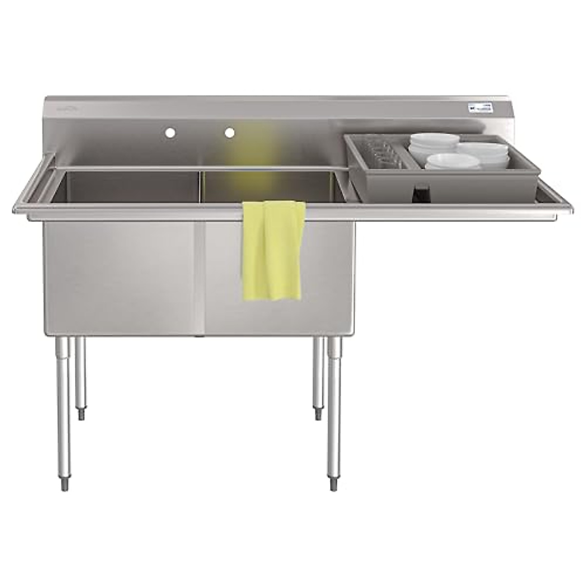 KoolMore 63 in. 18-Gauge 2-Compartment Commercial Sink with Backsplash and 24 in. Right Drainboard, Bowl dimensions 18"x24"x14" in Stainless-Steel (KM-SB182414-24R3)