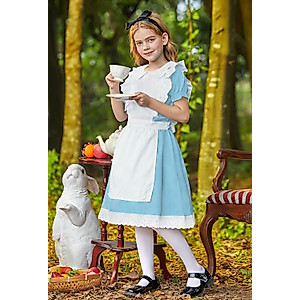Halloween Child Girls Alice Outfit Puff Sleeve Casual Ruffle Trim Midi Dresses with Headband Blue 10 Years