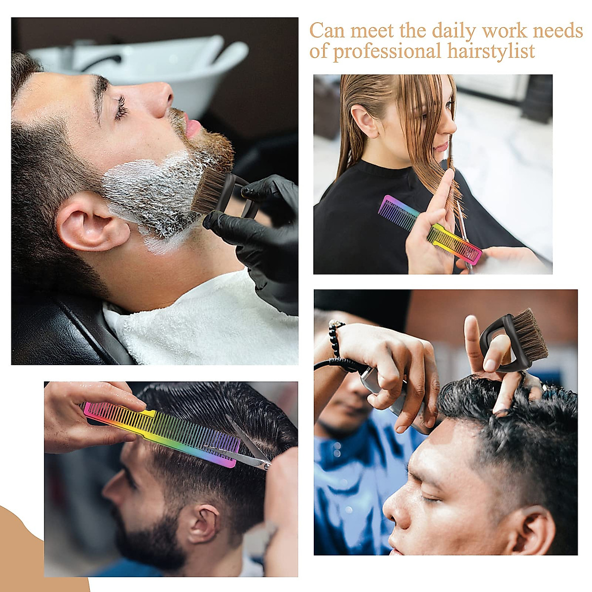 2 Pieces Barber Brush and Barber Comb Set, with Barber Blade Cleaning Brush Beard Brush Hair Cutting Comb, for Men Women Beauty Salons Home Use – Gold