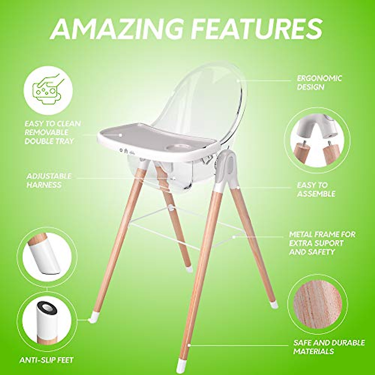 Children of Design 6 in 1 Deluxe Wooden High Chair for Babies & Toddlers, Modern Safe & Compact Baby Highchair, Easy to Clean, Removable Tray, Easy to Assemble, 6 Options 3 Seat Positions 2 Heights