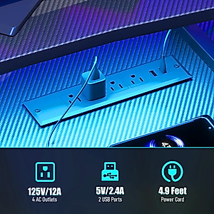 TREETALK Gaming Desk with Power Outlet&Led Lights, Computer Desk with Monitor Stand and Open Shelf,Gamer Table Workstation with Cup Holder, Headphone Hook, 2 Speaker Stand for Home Office