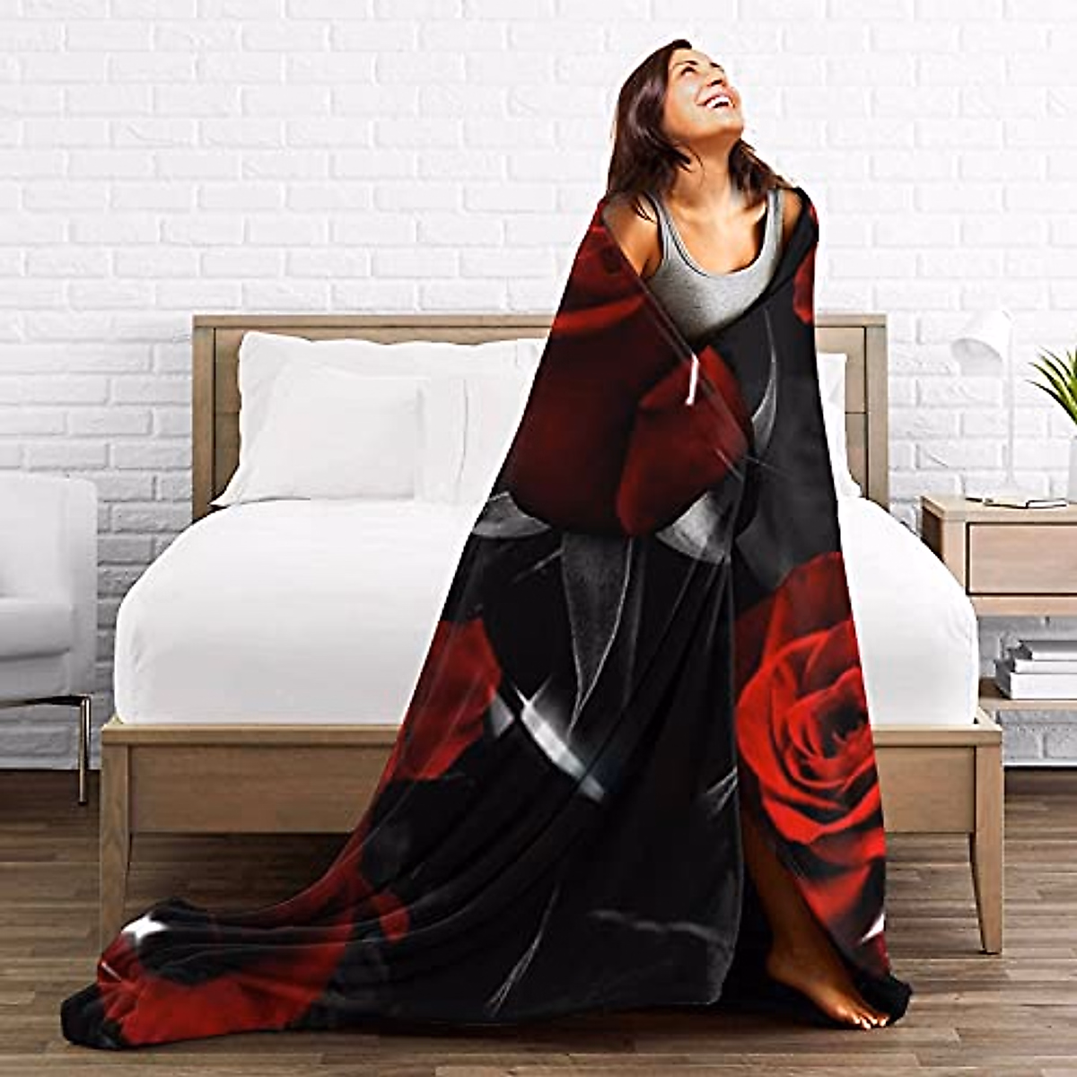 HBNWQUA Red Rose Blanket Throw Super Soft Lightweight Flannel Blanket for Living Room Bedroom Bed Sofa 50 inches X40 inches , Black