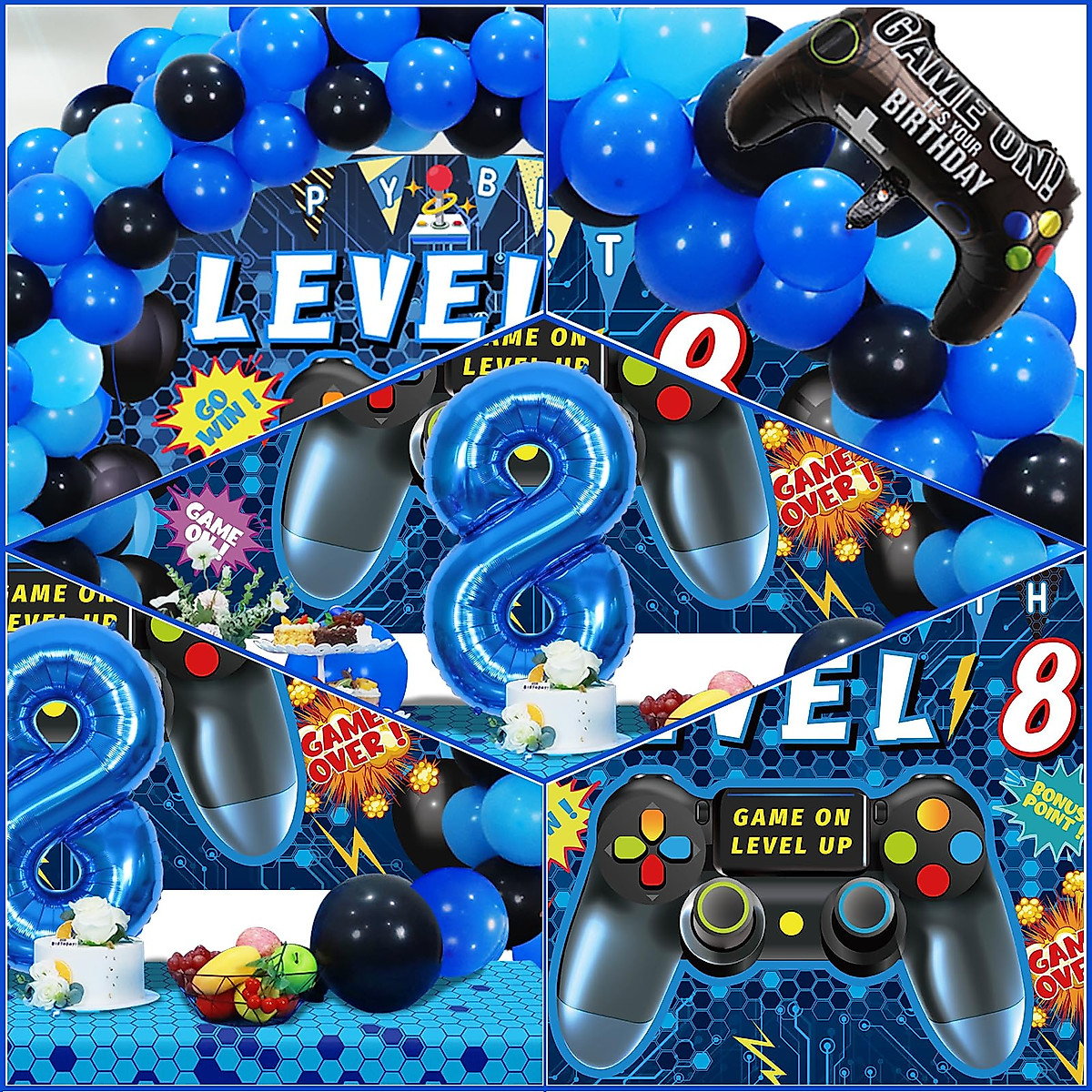 Vlipoeasn 90PCS 8th Birthday Video Game Party Decorations for Boys Set Blue 8th Birthday Supplies -8th Video Game Backdrop, Balloons, Tablecloth, Gamer and 8 Foil Balloons for 8th Birthday Party