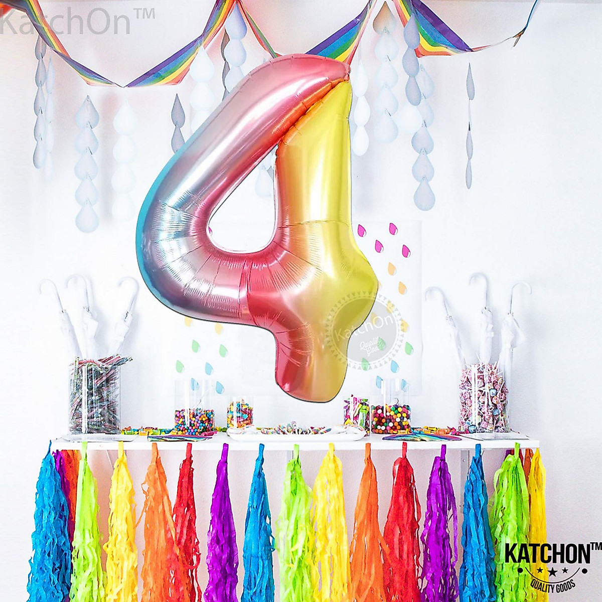 KatchOn, Giant, Rainbow 4 Balloon Number - 40 Inch | Number 4 Balloon, Unicorn 4 Birthday Decorations | Number Four Balloon, Unicorn Rainbow 4th Birthday Decorations | Mermaid Birthday Decorations