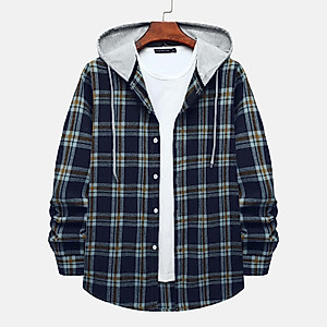 Aymnlox Hoodies for Men Fashion Long Sleeve Plaid Button Shirts Jacket With Hood Casual Stylish Drawstring Sweatshirts Coat men designer hoodies Blue M