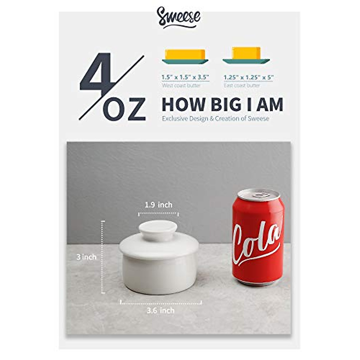 Sweese 317.101 Butter Crock Keeper with Water Line, French Butter Dish - Holds Up to 4oz East and West Coast Butter - Perfect Spreadable - Porcelain, White