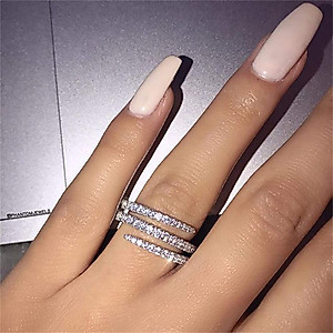 AZQ 925 Sterling Silver Shiny Full Diamond Ring Three Rows Cubic Zirconia Cocktail Rings CZ Diamond Multi Row Ring Eternity Engagement Wedding Band Ring for women TZ.35 (US Code 6)