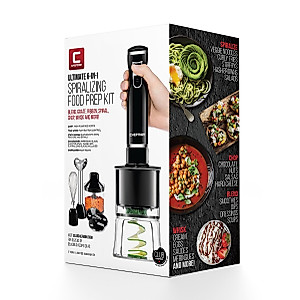 Chefman Electric Spiralizer & Immersion Blender/Vegetable Slicer 6-in-1 Food Prep Combo Kit, Includes 3 Spiralizing Blade Attachments, Zoodle Maker; Grate, Ribbon, Spiral, Blend, Chop, and Puree