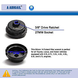 Heavy Duty Oil Filter Wrench Compatible with Toyota,Lexus,RAV4,Camry,Tundra,Highlander,Sienna Oil Filter Cap Removal Socket Tool for 2.5-5.7L Engine with 64mm Cartridge Style Oil Filter Housing