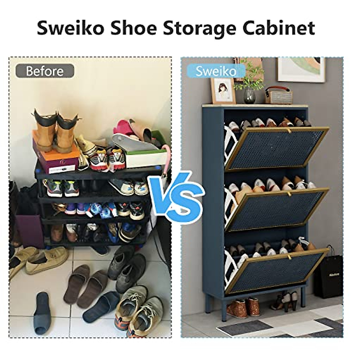 Sweiko Entryway Shoe Storage Cabinet with 3 Flip Drawers Metal Door Shoe Cabinet Organizer with Mesh Door Freestanding Shoe Rack Storage Cabinet with Wooden Top for Hallway Bedroom Mudroom Blue-Gray