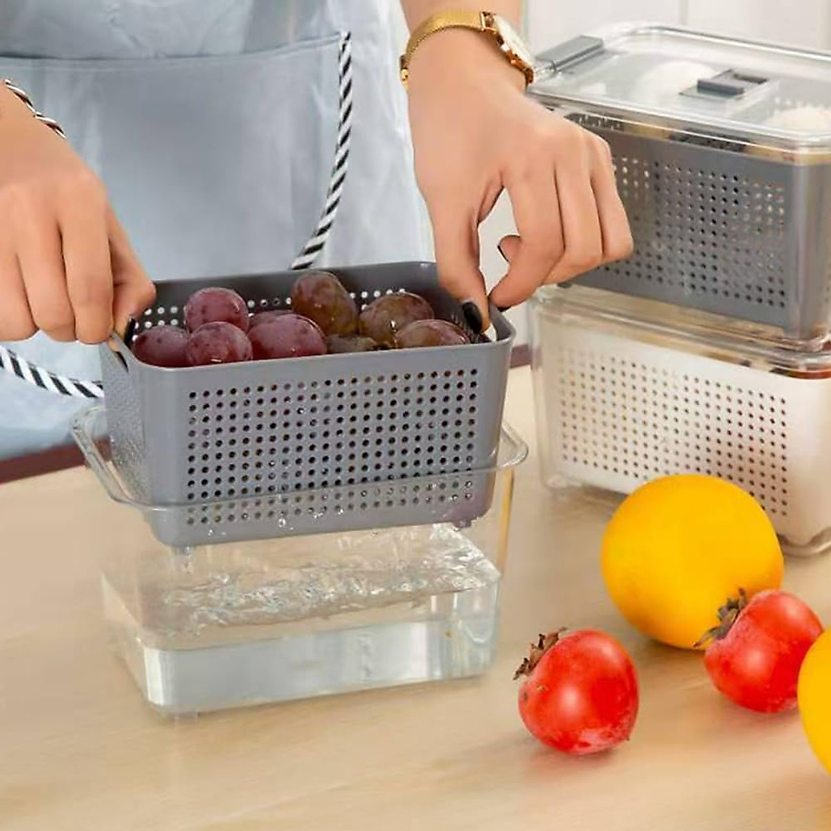 Cabilock Vegetable Fruit Storage Containers, Fresh Draining Basket, Box Refrigerator Crisper Fruit Fresh Containers Dual-Layer Food Storage Bin with Breathable Valve for Fridge, Dark Grey