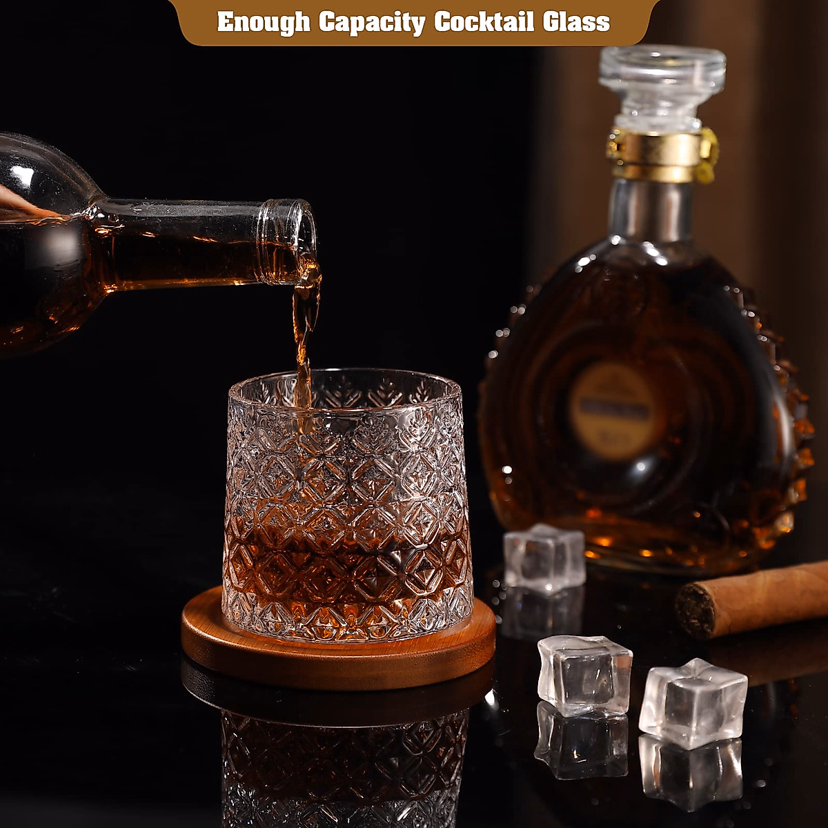 Crystal Whiskey glasses set of 2,Rotatable -10 Oz old fashioned whiskey glasses,bar whiskey glasses,style glassware for bourbon,perfect Idea for scotch lovers,glasses for scotch, rum,Ice flower