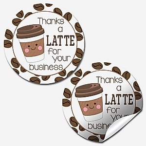 Thanks A Latte Coffee Themed Thank You Customer Appreciation Sticker Labels for Small Businesses, 60 1.5" Circle Stickers by AmandaCreation, Great for Envelopes, Postcards, Direct Mail, & More!