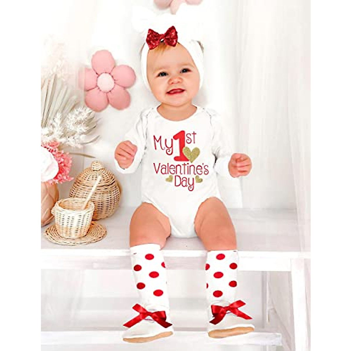 DONWEN Baby Valentine Outfits 3-6 Months My 1st Valentine's Day Baby Girl Outfit Set Long Sleeve Red Romper Bodysuit Dots Leg Warmers Cute Valentine Outfit Baby Girl