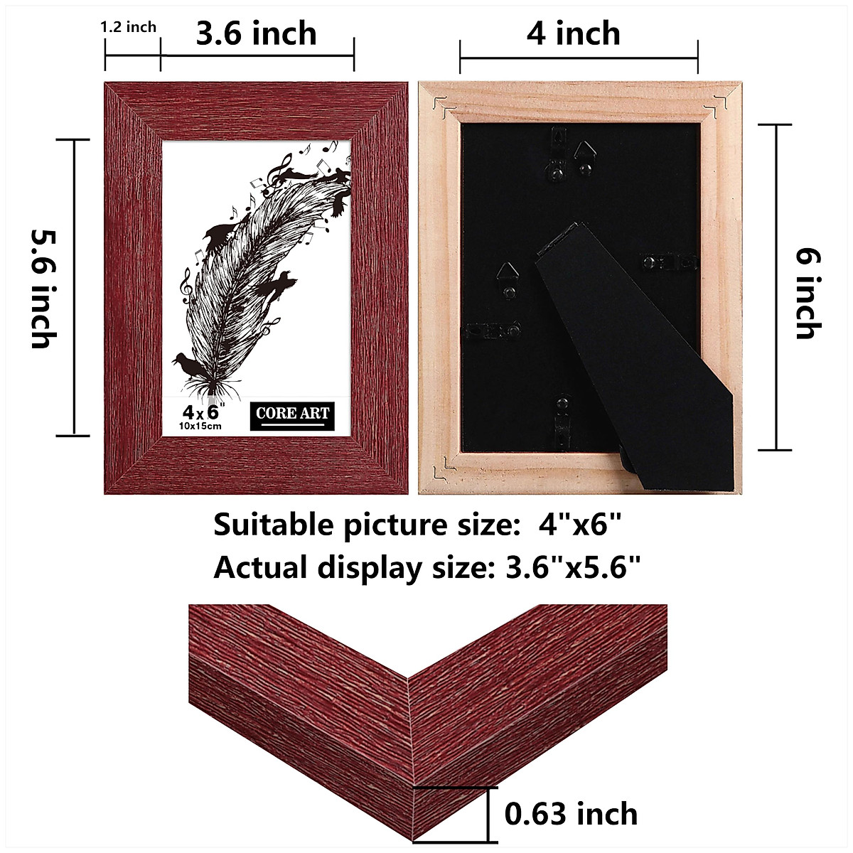 CORE ART 4x6 Picture Frame, Handmade Wood Rustic Red Photo Frame Set of 2, High Definition Semi-tempered Glass Wall or Tabletop Display