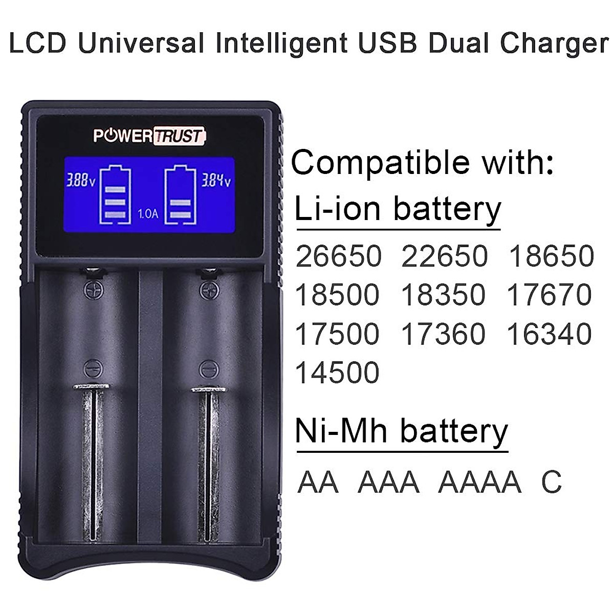 PowerTrust Smart Charger,LCD Universal Intelligent USB Dual Battery Charger for Rechargeable Li-ion Batteries 18650 26650 22650 18490 18350 17670 17500 16340 RCR123 14500, Ni-MH Ni-Cd A AA AAA C