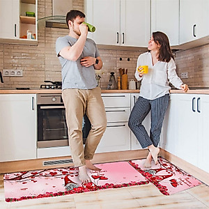 Wtosuhe Valentines Day Decorative Kitchen Mats Set of 2, Pink Love Heart Doormat Gnome Yard Kitchen Rug with Non-Slip Rubber, Spring Seasonal Decorative Floor Mat Doormat (Sweet-03)