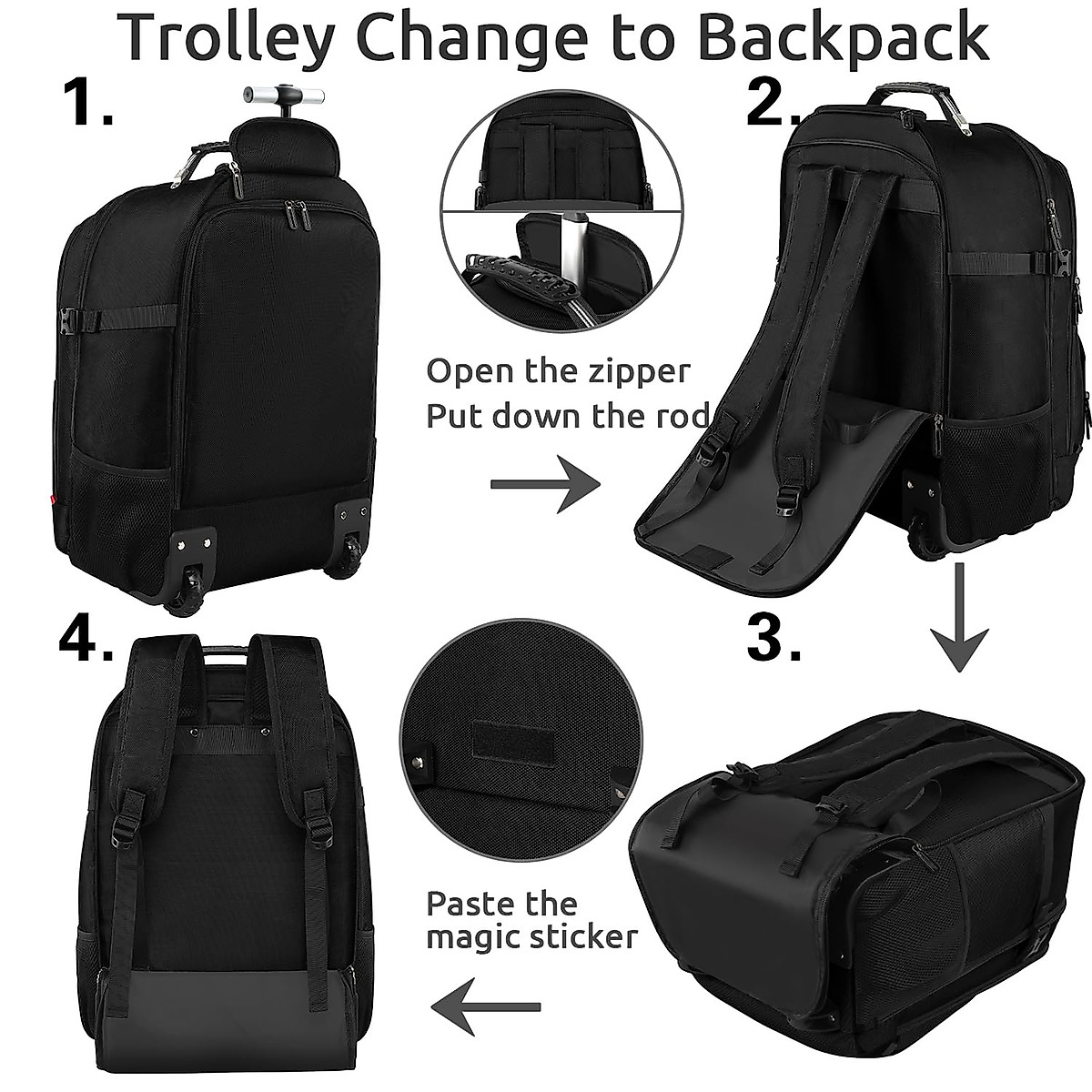Rolling Backpack, ZOMFELT Wheeled Backpack with 3 Travel Luggage Organizers, Water Resistant Rolling Laptop Backpack for Travel Work College, Luggage Business Bag for Men Women Fits 17.3 Inch Notebook
