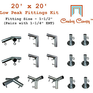 Carport Kit, 20' x 20' Low Peak Canopy Fittings, DIY Metal Carport Frame Parts, 1-1/2" EMT Fittings