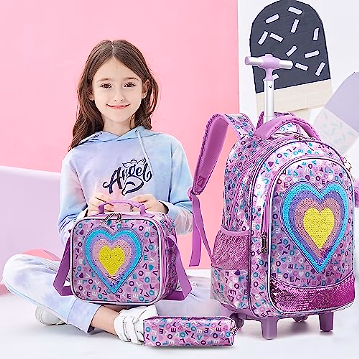 Meetbelify Girls Rolling Backpack Kids Rolling Backpacks with Wheels for Girls Elementary Kindergarten Sequin School Bag Travel Suitcase Luggage with Lunch Box for Girls 6-12