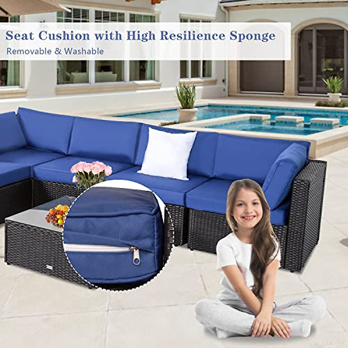 Kinfant Outdoor Patio Furniture Set Wicker Conversation Set - PE Rattan Sectional Sofa with Glass Table and Cushions for Garden Poolside Porch Balcony (Dark Blue)