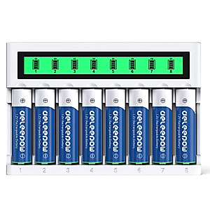 Deleepow AA Rechargeable Batteries Nimh 3300mAh AA Rechargeable Batteries 1200 Cycles 1.2V 8-Pack with LCD C Port and Micro USB 2 Charge Port Charger