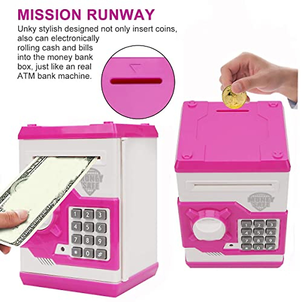 Renvdsa Cartoon Electronic ATM Password Piggy Bank Cash Coin Can Auto Scroll Paper Money Saving Box Gift for Kids (White Pink)