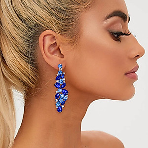 EVER FAITH Rhinestone Crystal Bridal Tear Drop Marquise Flower Cluster Dangle Earrings Blue Silver-Tone