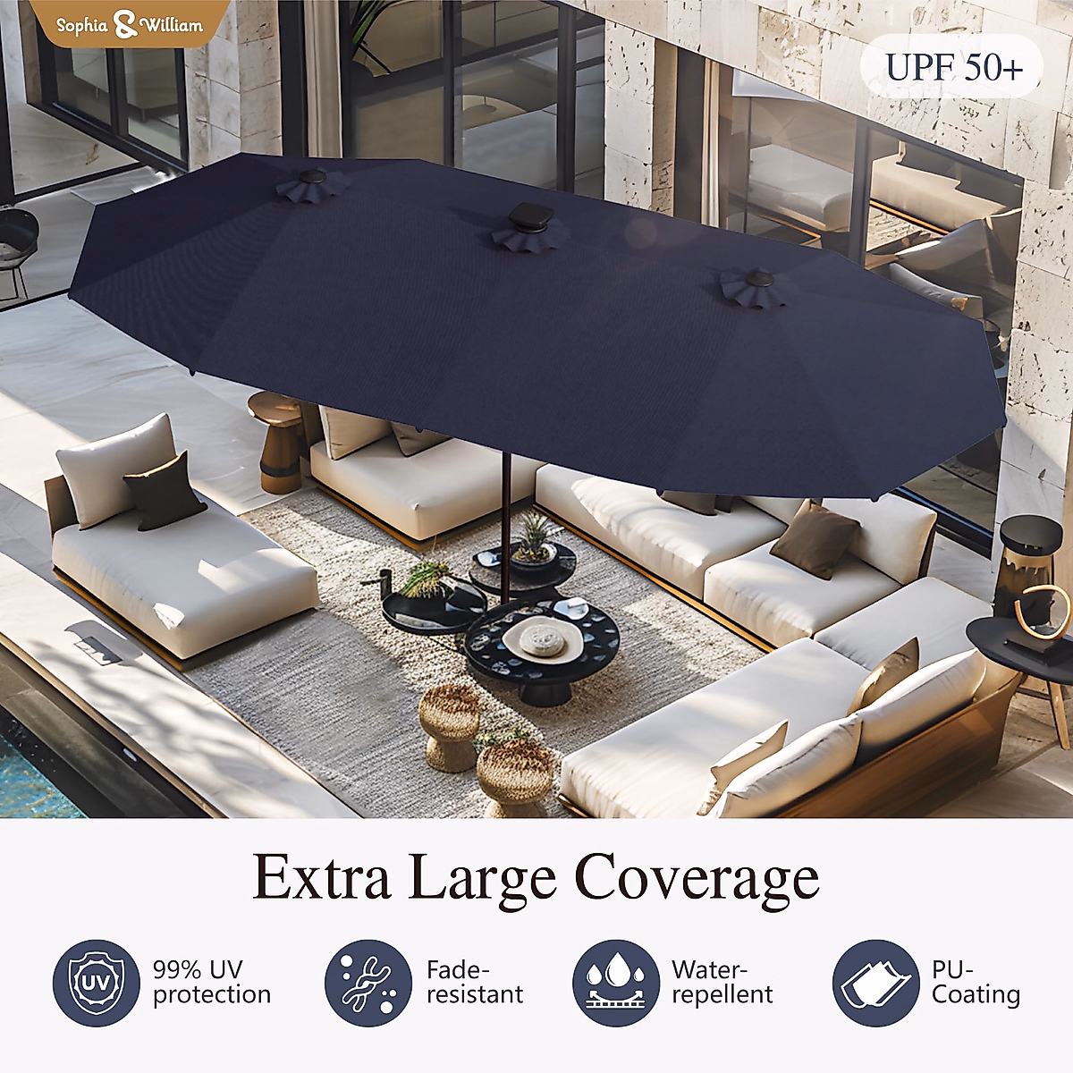 Sophia & William 13ft Patio Umbrella with Crank Lift, Large Outdoor Double-sided Umbrella with 120 LED lights, Perfect for Deck, Pool, Garden, Navy Blue