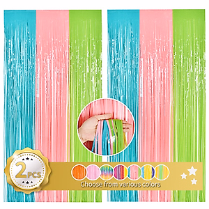 BEISHIDA 2Pcs Blue Pink Green Door Streamers Pastel Colors Foil Fringe Curtains Photo Backdrop for Wedding Party Birthday Stage Bridal Shower Decor(3.28 ft x 6.56 ft)