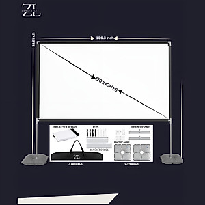 ZEAL'N LIFE 120 inch 4K HD 16:9 Projector Screen Polyester Material, Front/Rear Projection, Freestanding with Stand, Outdoor/Indoor Use, 160 Degree Viewing Angle