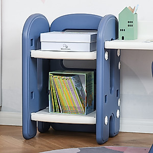 Qaba Kids Table and Chair Set, Activity Desk with Bookshelf & Storage for Study, Activities, Arts, or Crafts, Blue and White