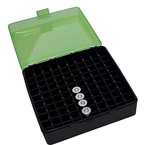 MTM Plastic Ammo Box, Clear Green/Black 100 Round 9MM / 380 (3)